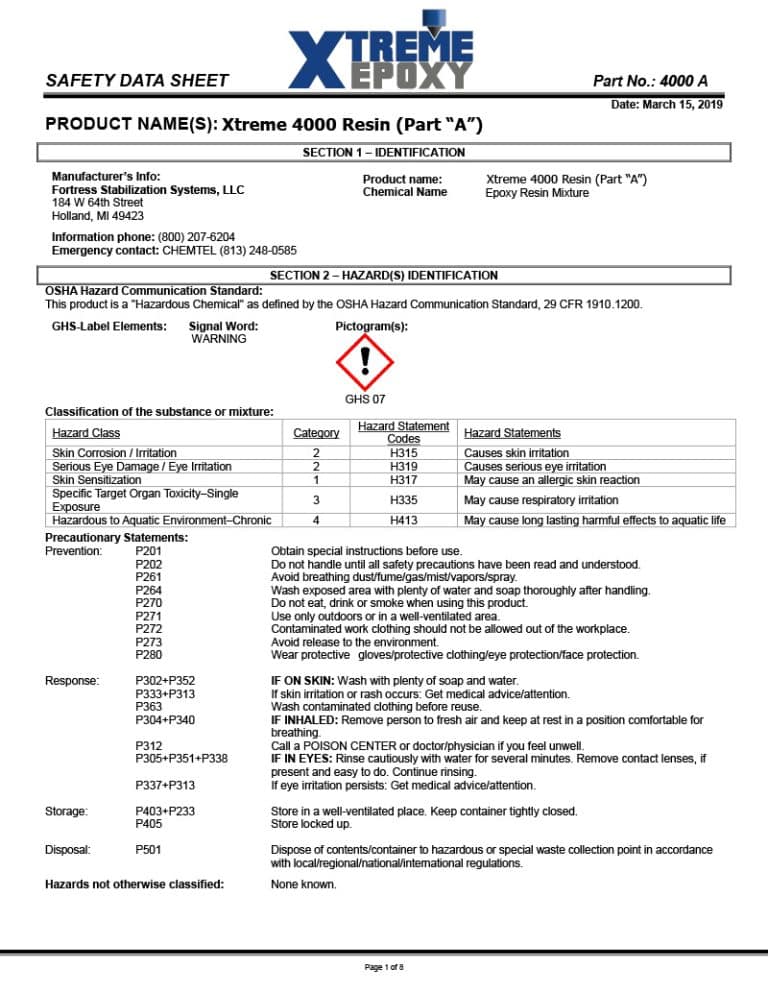 Xtreme Epoxy Data Sheets & SDS | Fortress Stabilization Systems